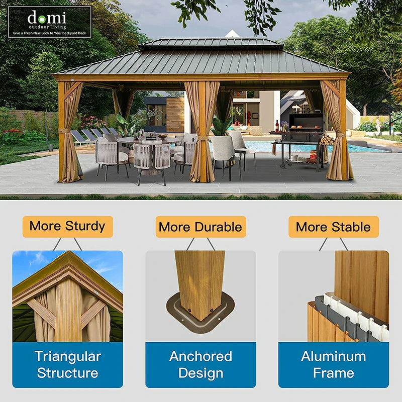 Domi Hardtop Gazebo Wood-looking Aluminum Frame with Galvanized Steel ...